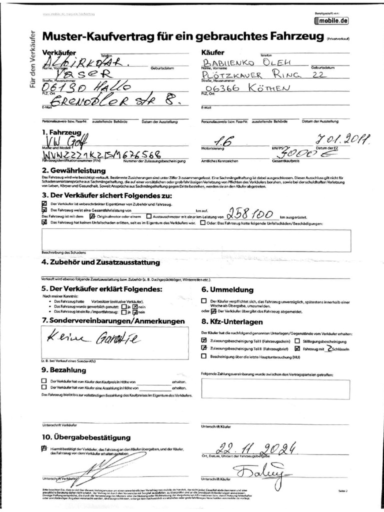 Muster Kaufvertrag Fur Ein Gebrauchtes Fahrzeug | PDF