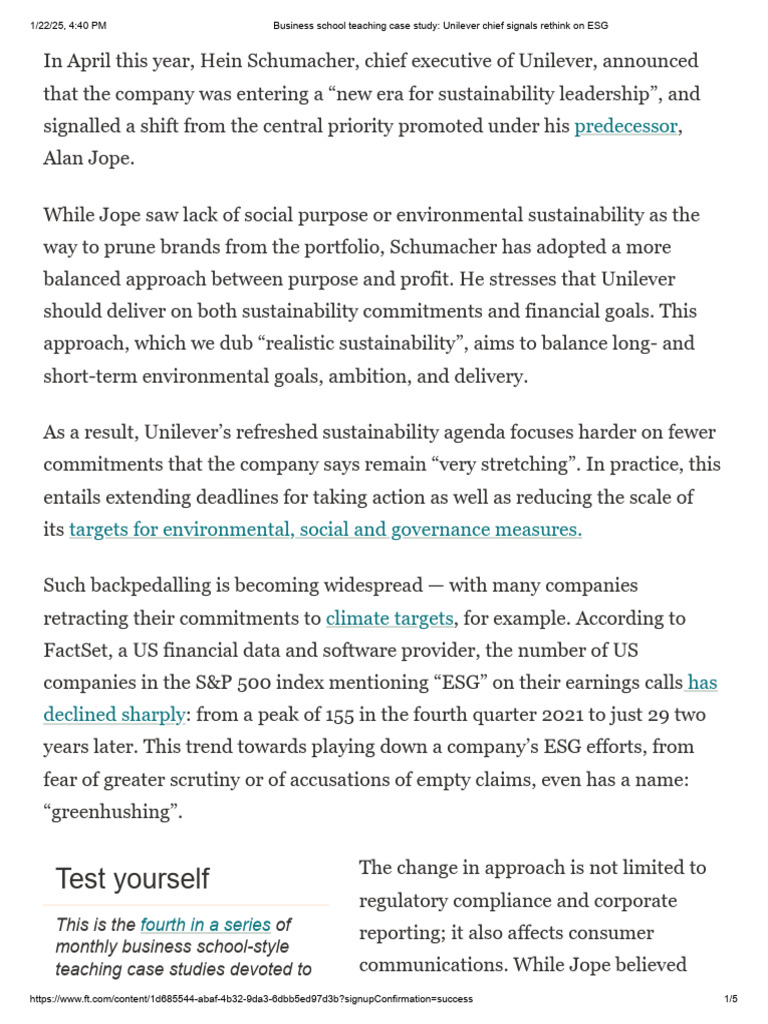 Business school teaching case study_ Unilever chief signals rethink on ...