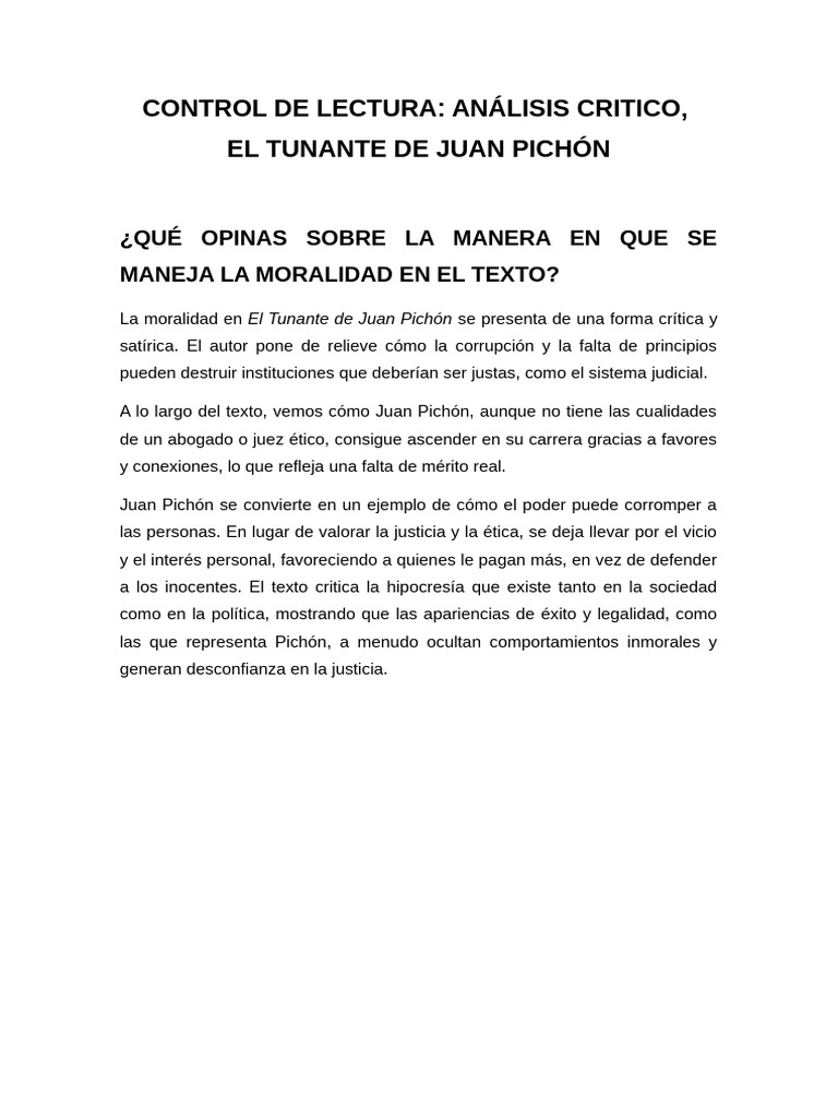 El Tunante de Juan Pichon Analisis Critico | PDF | Moralidad ...