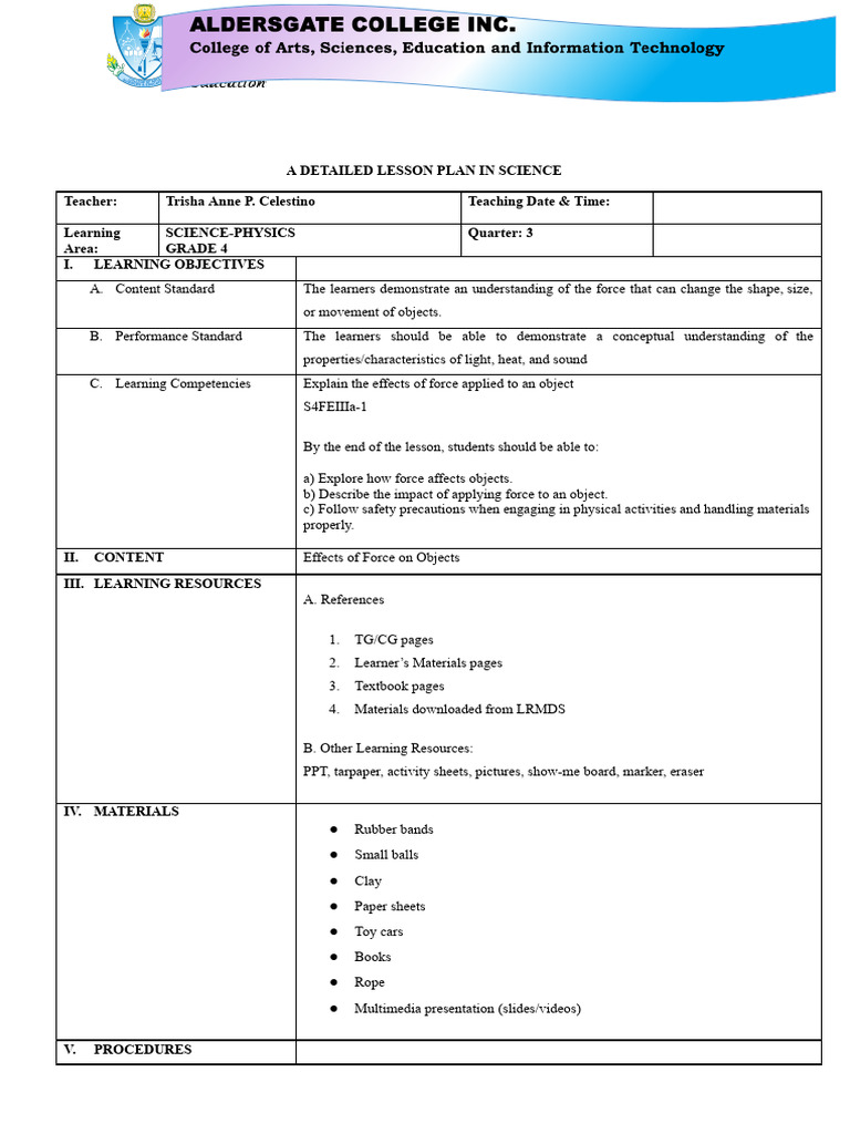 5 E LESSON PLAN TEMPLATE - Docx 2 | PDF | Deformation (Engineering) | Force