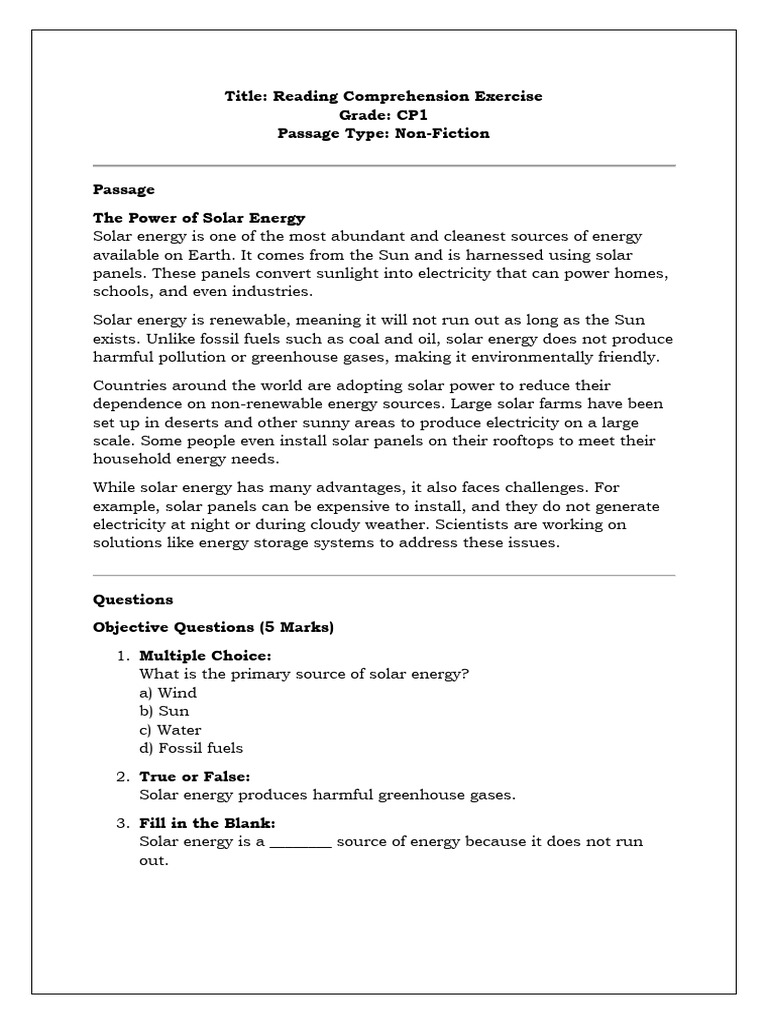 Reading Comprehension - CP1 | PDF | Solar Energy | Solar Power
