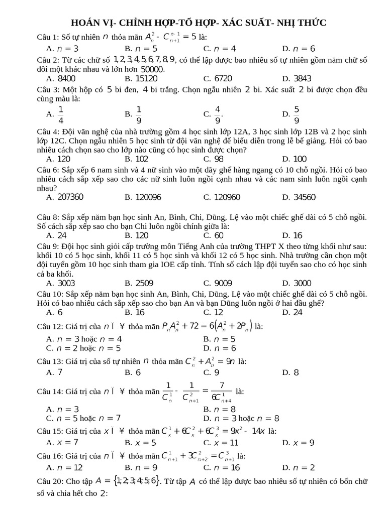 200 Cau Trac Nghiem Dai So To Hop Xac Suat | PDF