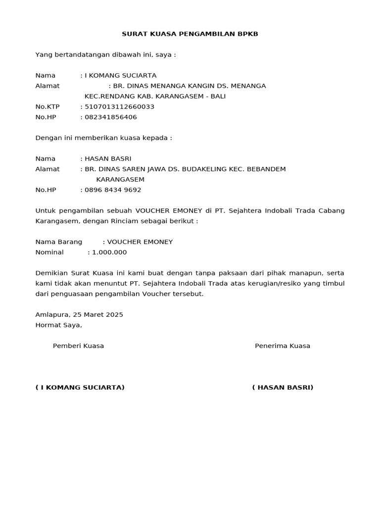 Surat Kuasa Pengambilan Voucher Emoney | PDF