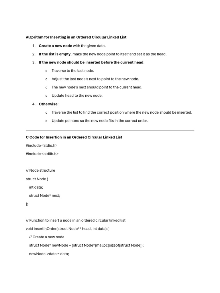 Algorithm For Inserting In An Ordered Circular Linked List Pdf 4478