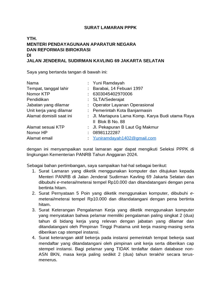 Surat Lamaran PPPK 2024 Banjarmasin | PDF