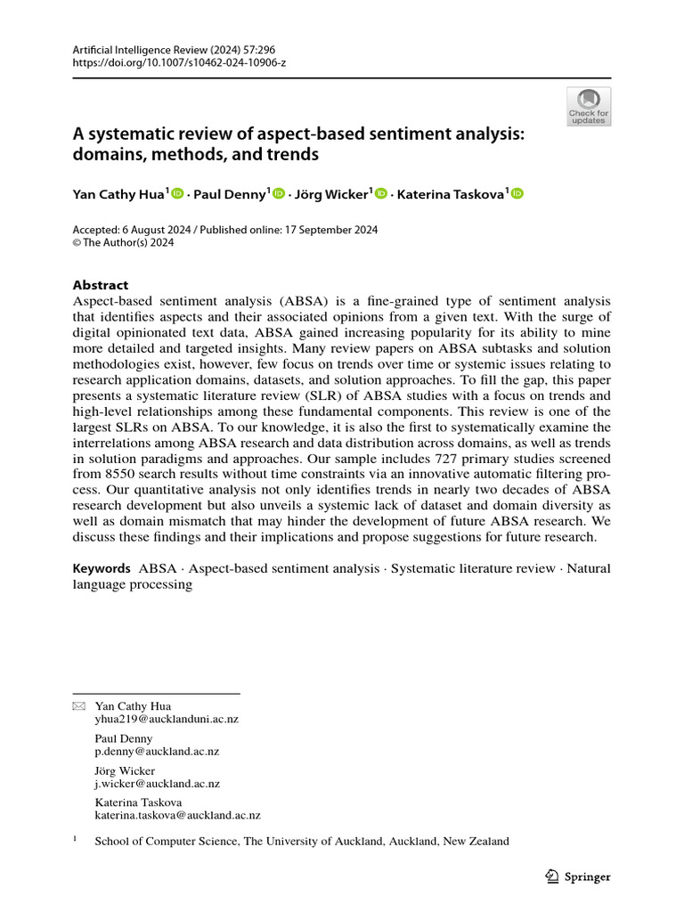 A Systematic Review of Aspect‑Based Sentiment Analysis | PDF | Methodology | Systematic Review