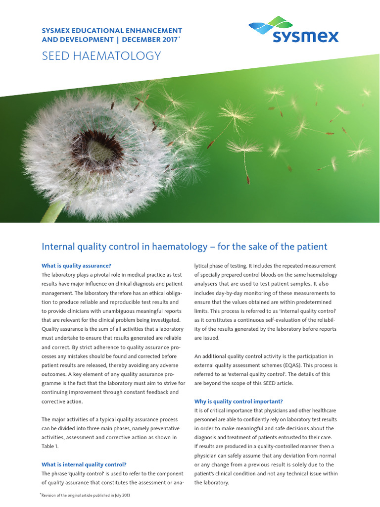 Sysmex SEED Internal Quality Control in Haematology - For The Sake of ...