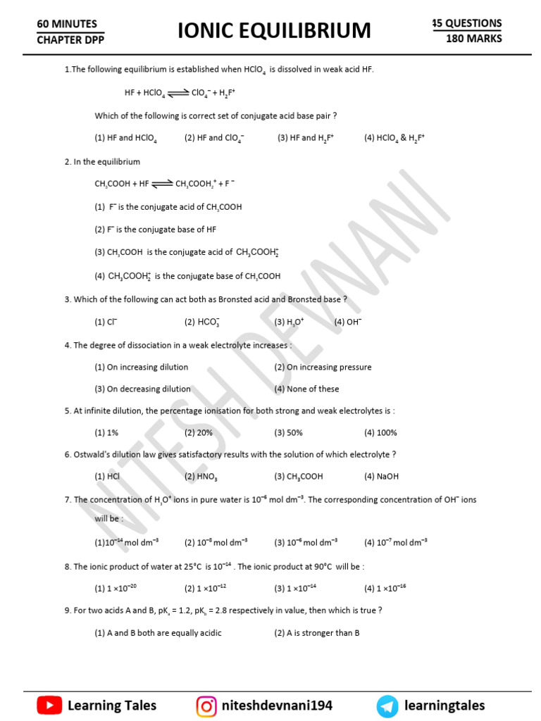 DPP - IONIC EQUILIBRIUM - LEARNING TALES | PDF | Acid | Ph