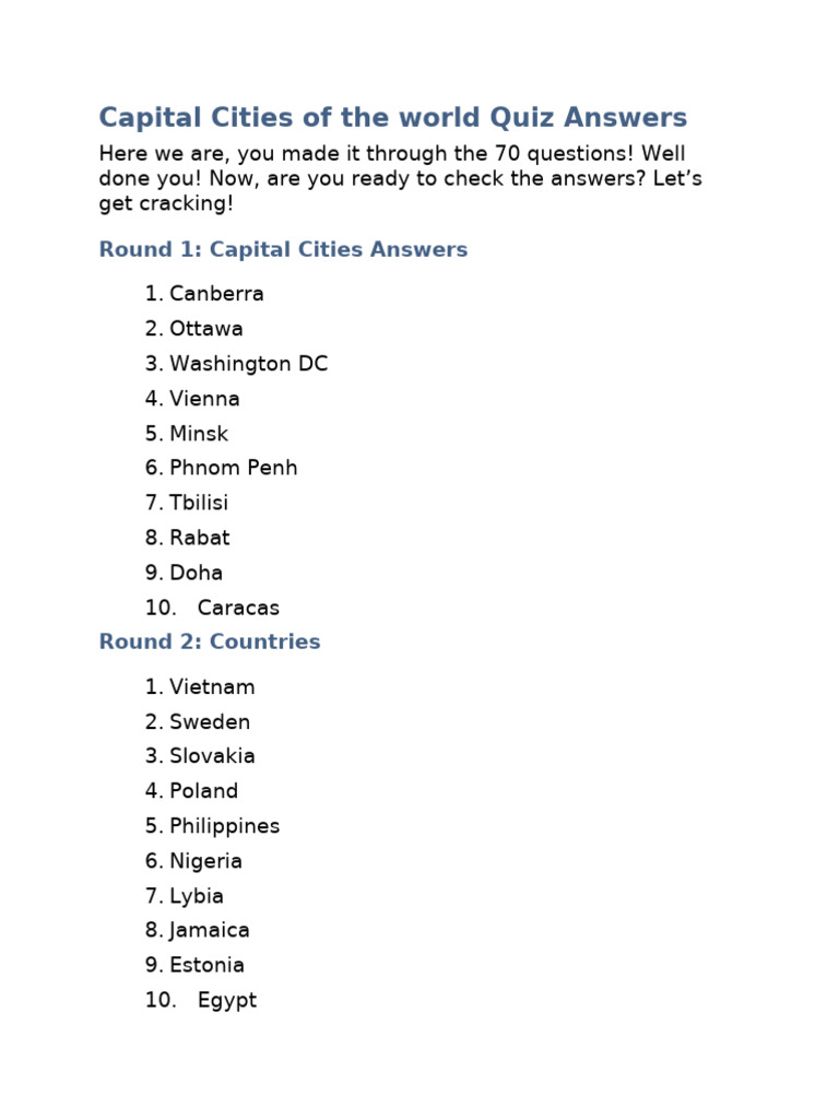 Capital Cities Quiz Answers | PDF