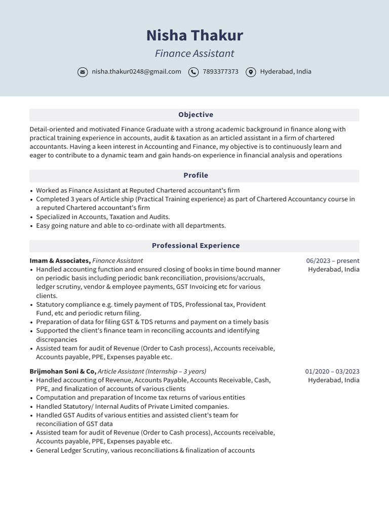 Finance Assistant Resume - Nisha Thakur | PDF | Accounts Payable | Taxes