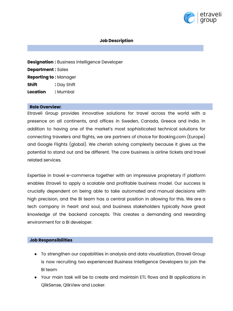 Jd Business Intelligence Developer Pdf Business Intelligence