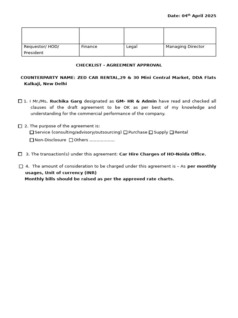 Agreement Approval Checklist for Car Rental | PDF | Bribery | Private Law