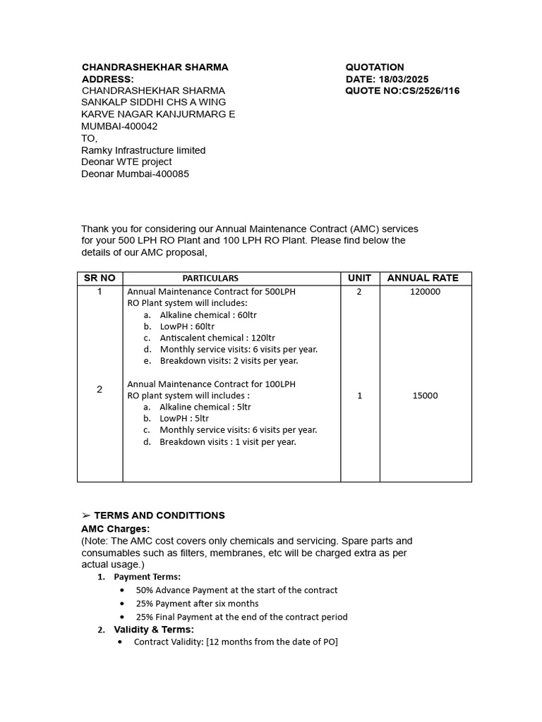 AMC Quotation for RO Plants | PDF