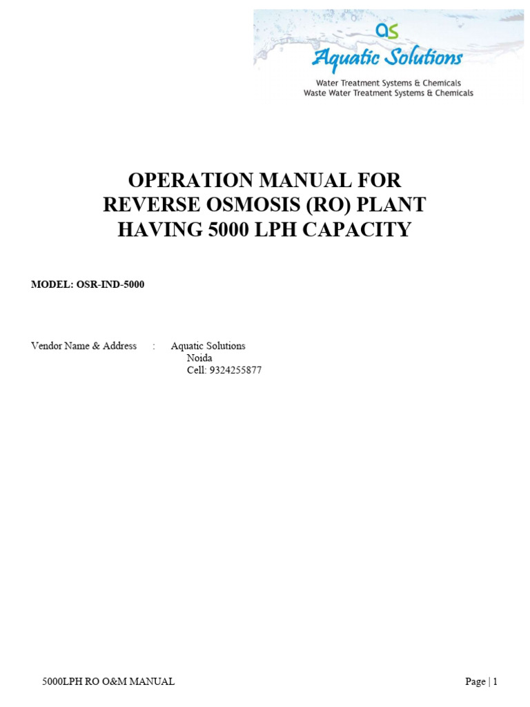 5000 LPH RO Plant Operation Manual | PDF | Pump | Membrane