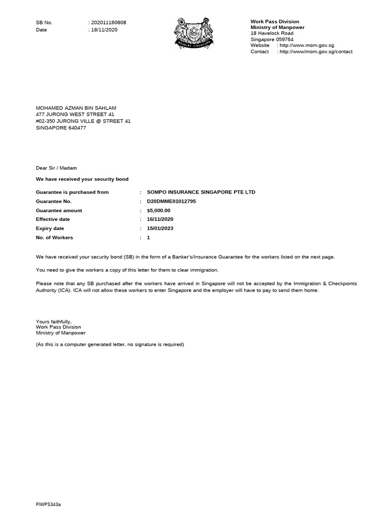 Security Bond Confirmation for Workers | PDF