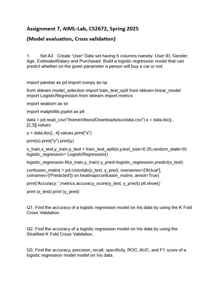 AIML - Lab7 - Questions (Model Eval-Cross Validation) | PDF