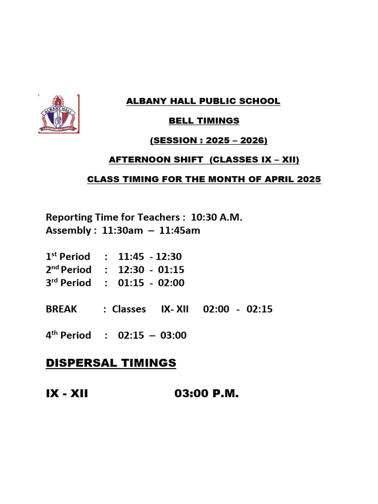 Bell Timings - Timing Afternoon Shift 2025-2026 | PDF