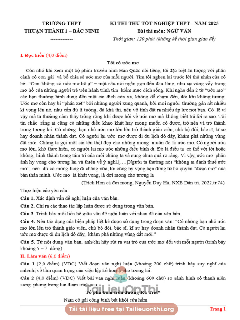 24. Đề thi thử tốt nghiệp THPT 2025 Ngữ Văn THPT Thạch Thành - Bắc Ninh - có lời giải | PDF