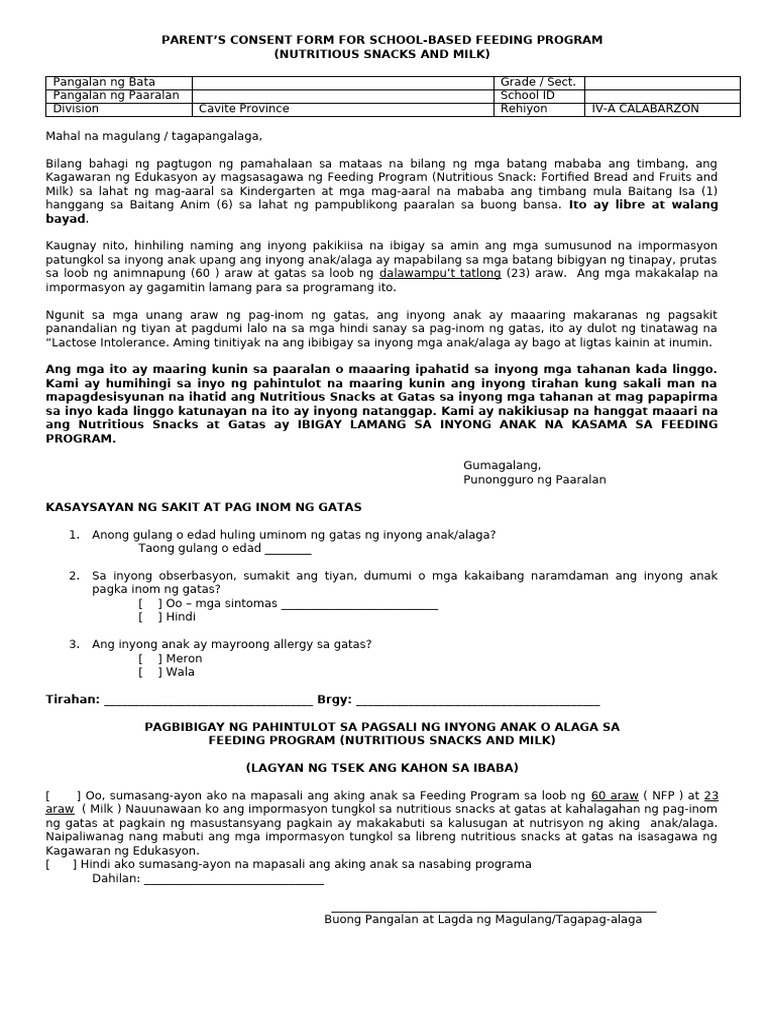 PARENTAL CONSENT Nutritious Food | PDF