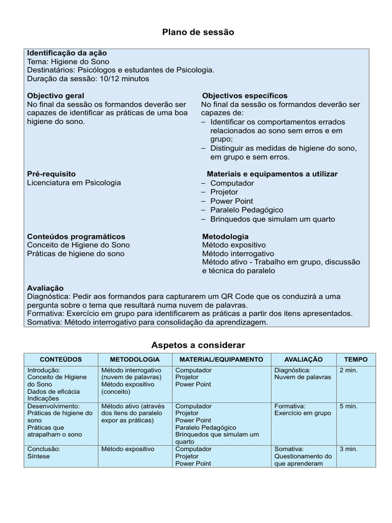 Plano de Sessão - Andrea | PDF | Psicologia | Pedagogia