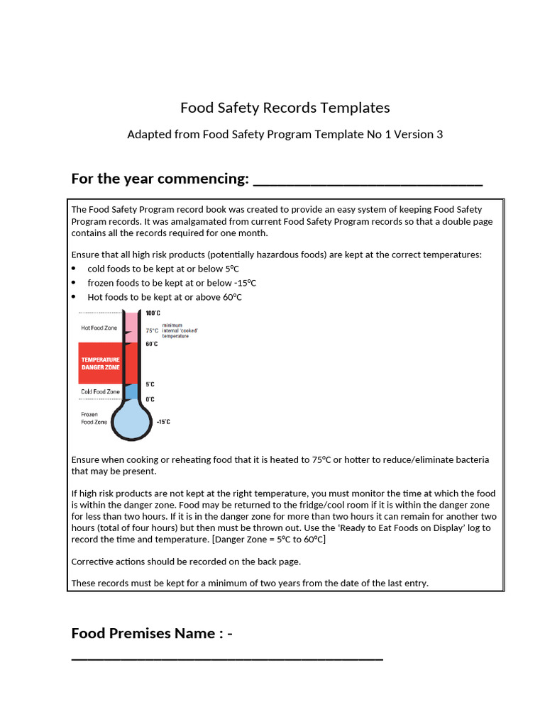 Class 2 Food Safety Records Template | PDF | Thermometer | Temperature