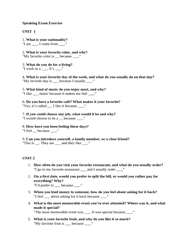 Speaking Exam Practice Questions | PDF