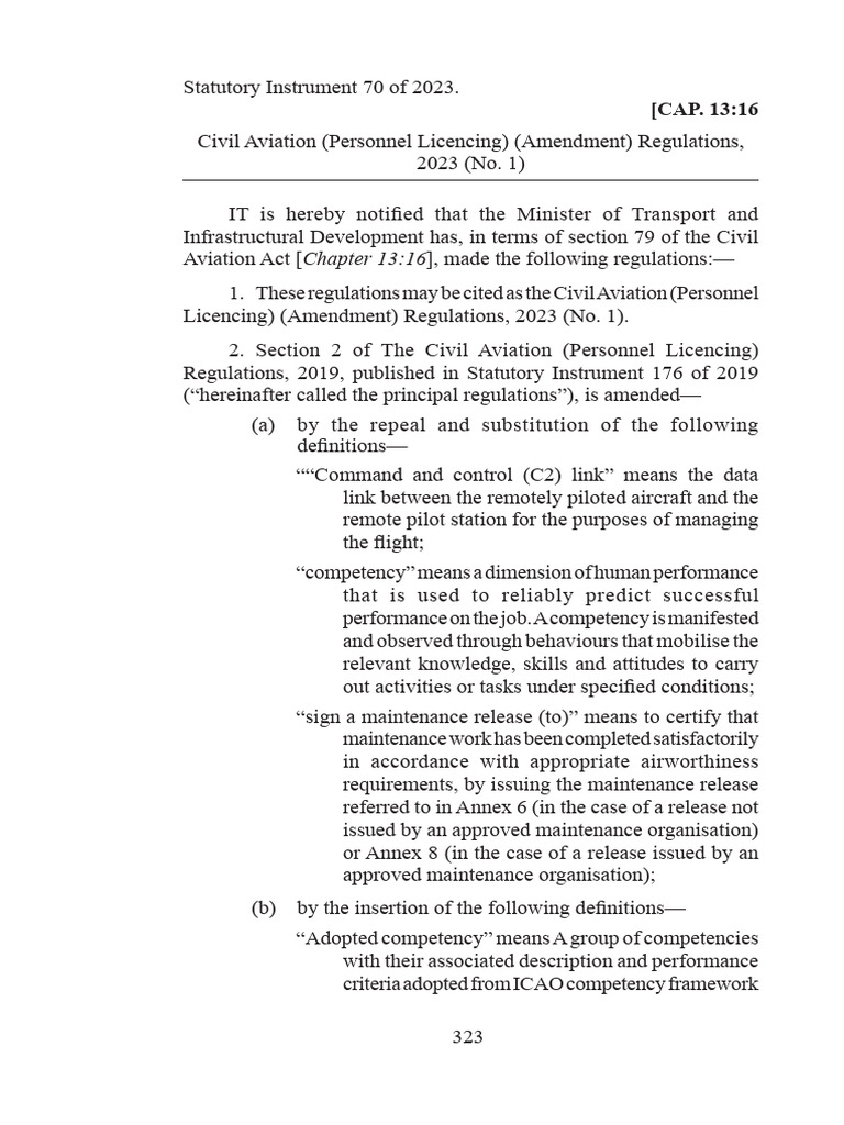 S.I. 70 of 2023 Civil Aviation Personnel Licencing Amendment ...