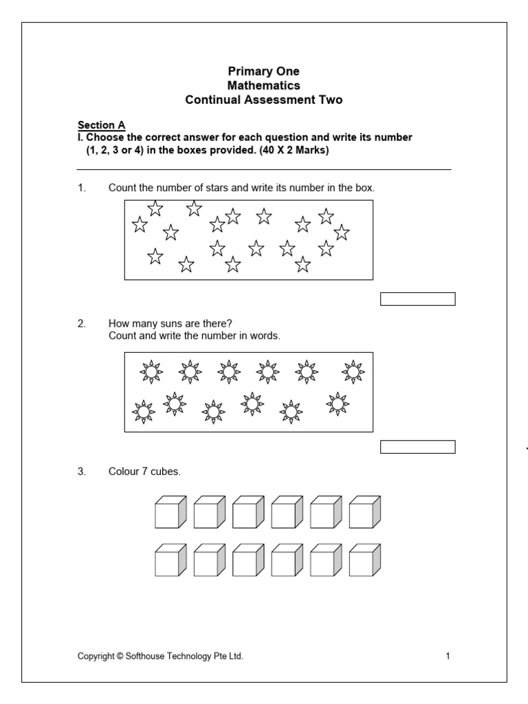 Primary One Mathematics Continual Assessment - FreeExamPapers | PDF