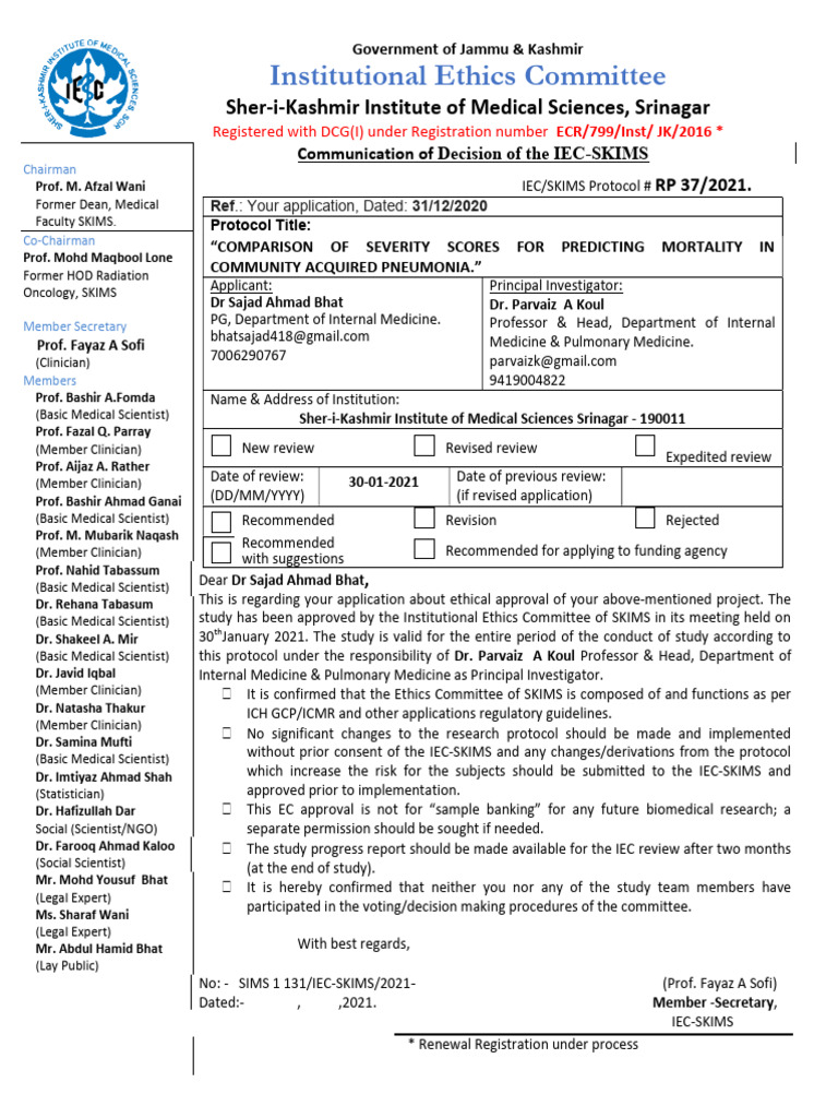 IEC Approval for Pneumonia Study at SKIMS | PDF | Medicine | Inquiry