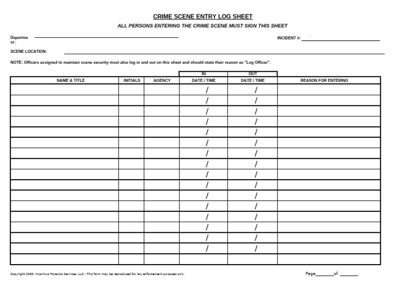 Crime Scene Log Sheet (Editable Form) | PDF | Forensic Science | Law ...