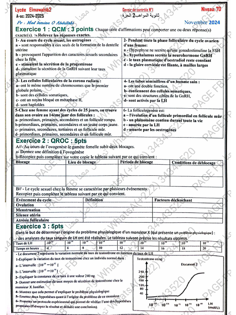 Devoir SN 7D École Privée El MEWAHIB 2 NDB 2024-2025 | PDF