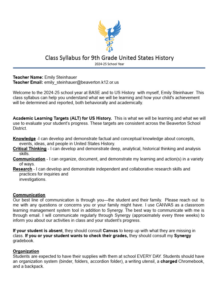 US HIST Syllabus 2024-25 | PDF | Teachers | Learning