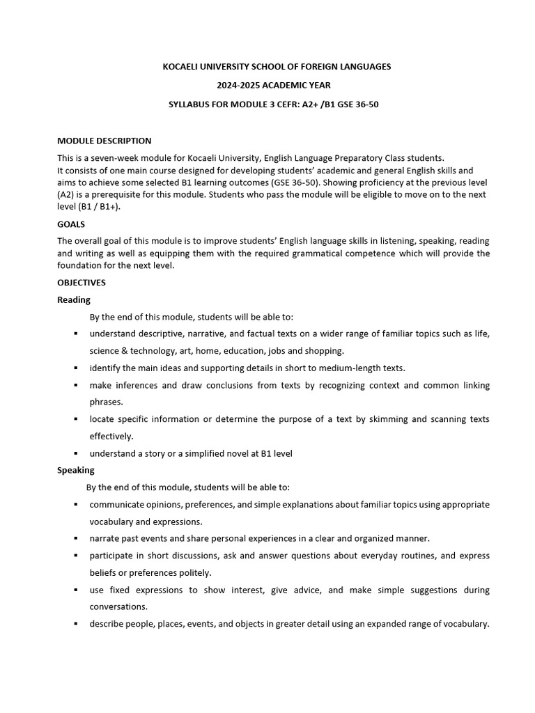 Kocaeli University English Module Syllabus | PDF | English Language ...