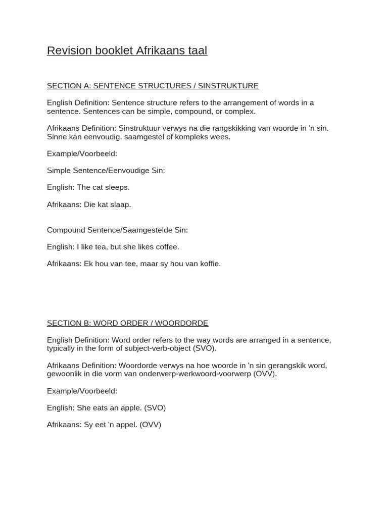 Revision Booklet Afrikaans Taal | PDF
