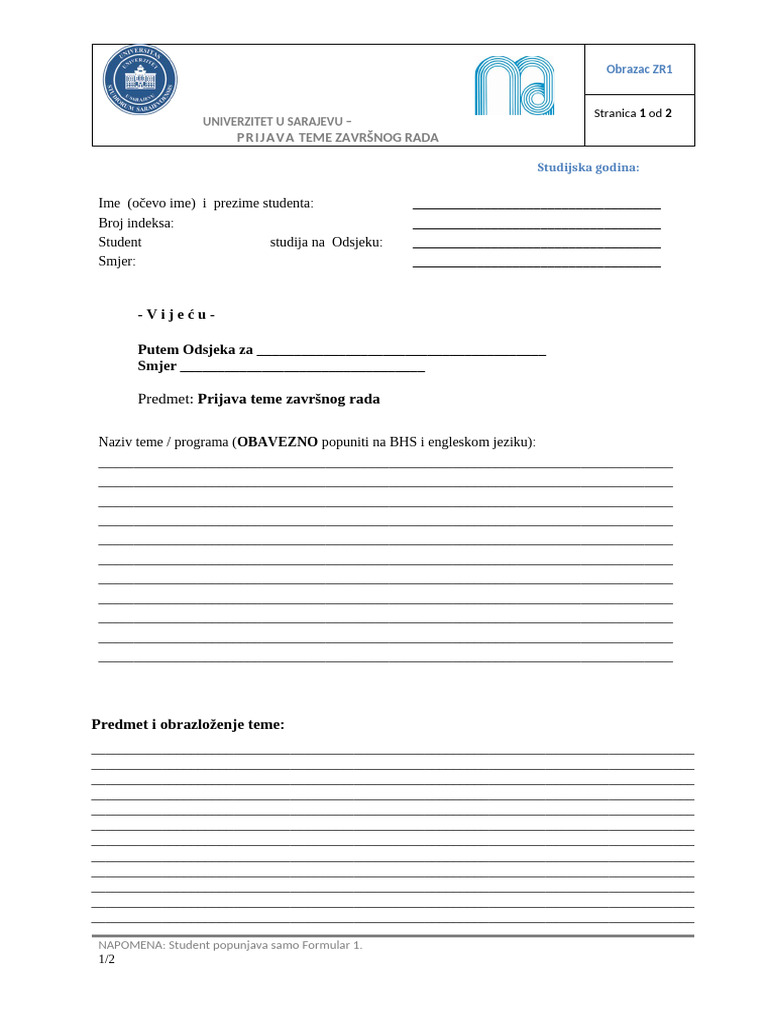 Obrazac ZR1 (1) Prijava Teme-Programa - 2 2025 - 0 2 | PDF