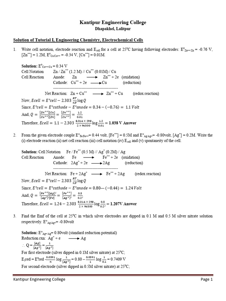 Electrochemical Cell Tutorial Solution | PDF | Redox | Electrochemistry