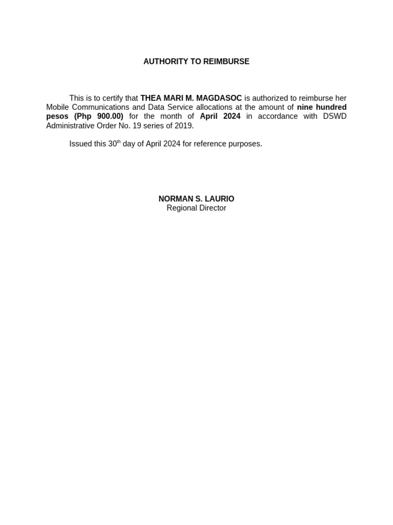 Reimbursement Authorization for Thea Magdasoc | PDF | Currency ...