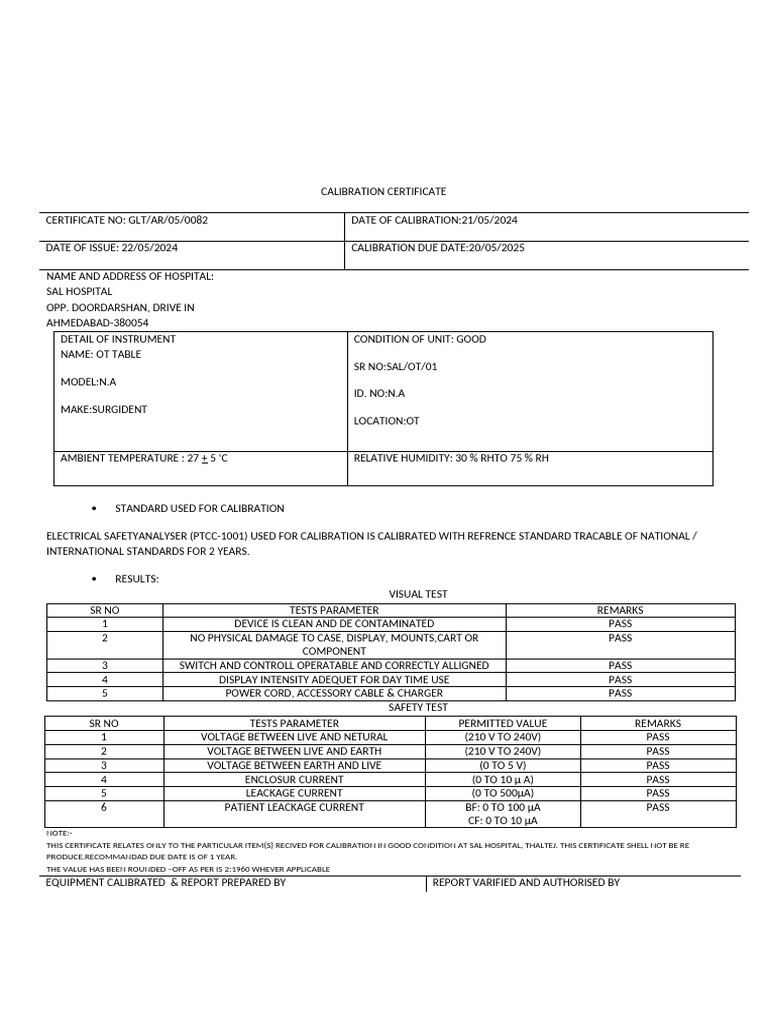 Ot Table | PDF | Calibration | Electric Power