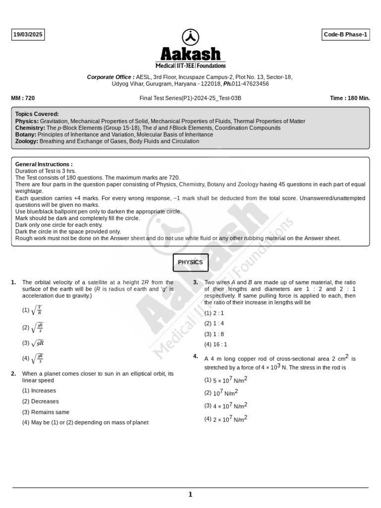 FTS-03 - B QP | PDF | Liquids | Elasticity (Physics)