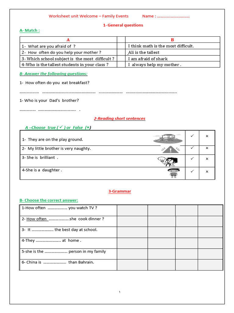 Family Events Worksheet | PDF