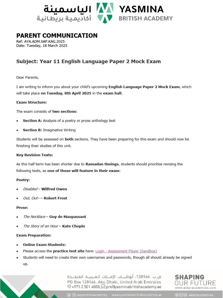 Yasmina British Academy - Year 11 English Language Paper 2 Mock Exam | PDF