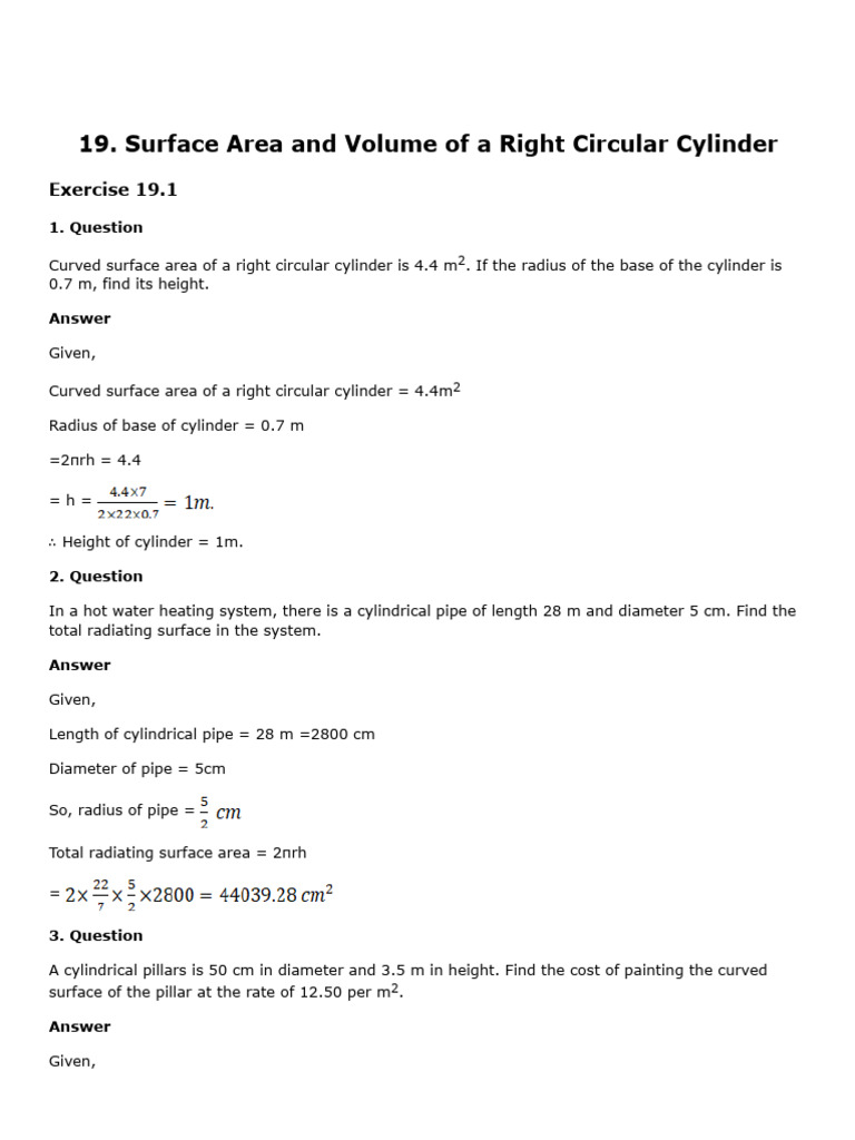 Surface Area and Volume of A Right Circular Cylinder | PDF | Area | Volume