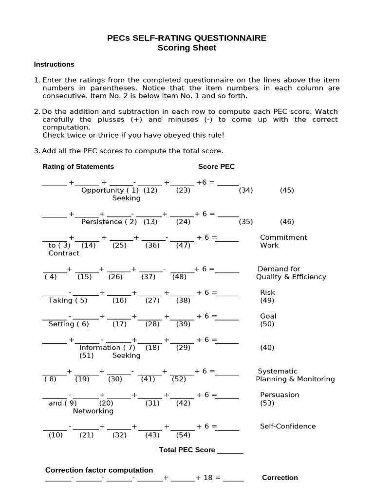 PECs Self Rating Questionnaire Scoring Sheet 1 | PDF
