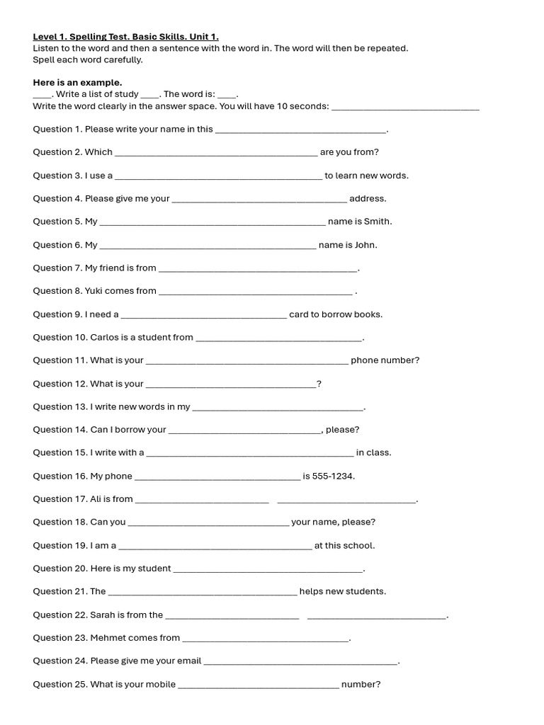 Level 1 Spelling Test Basic Skills Unit 1 STUDENTS | PDF