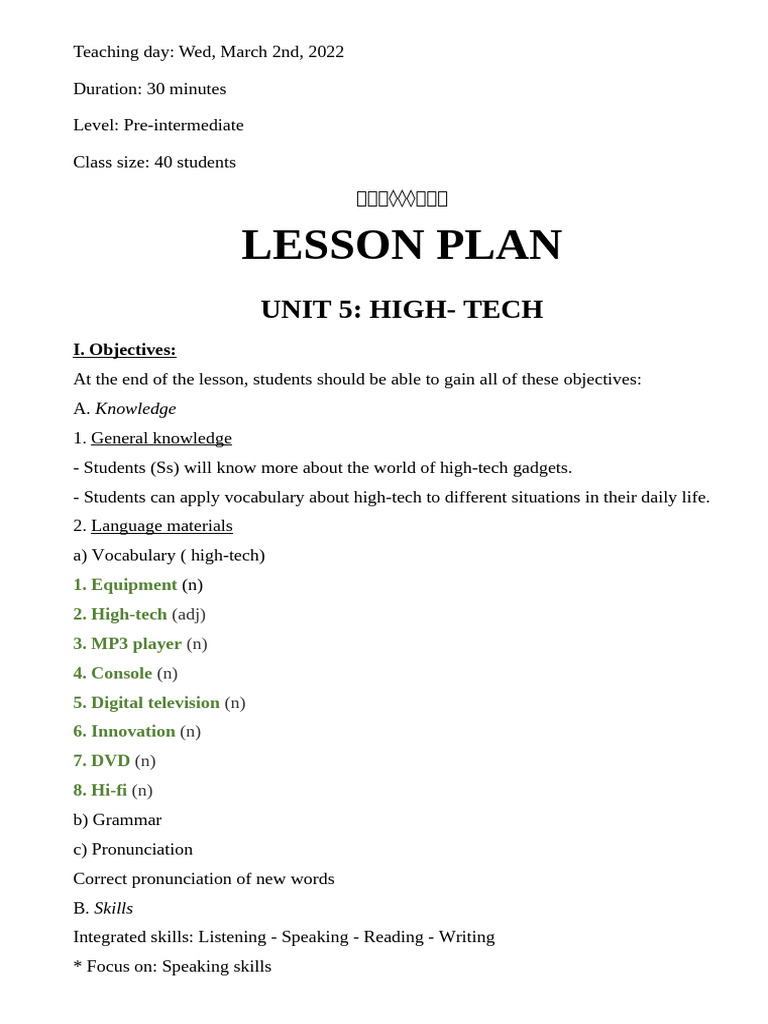 High-Tech Vocabulary Lesson Plan | PDF | Learning | Human Communication