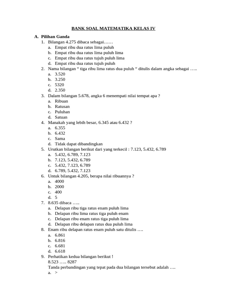 Bank Soal Matematika Kelas Iv | PDF