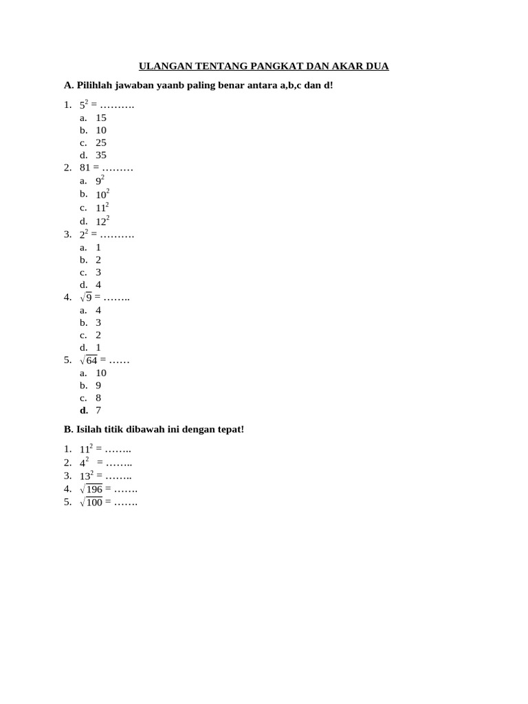 Latihan Soal Akar Pangkat Dua | PDF