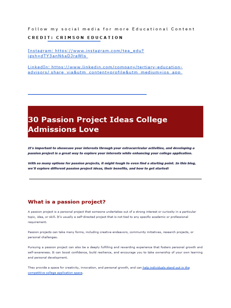 30 Passion Project Ideas for Students | PDF | Creativity | Brainstorming
