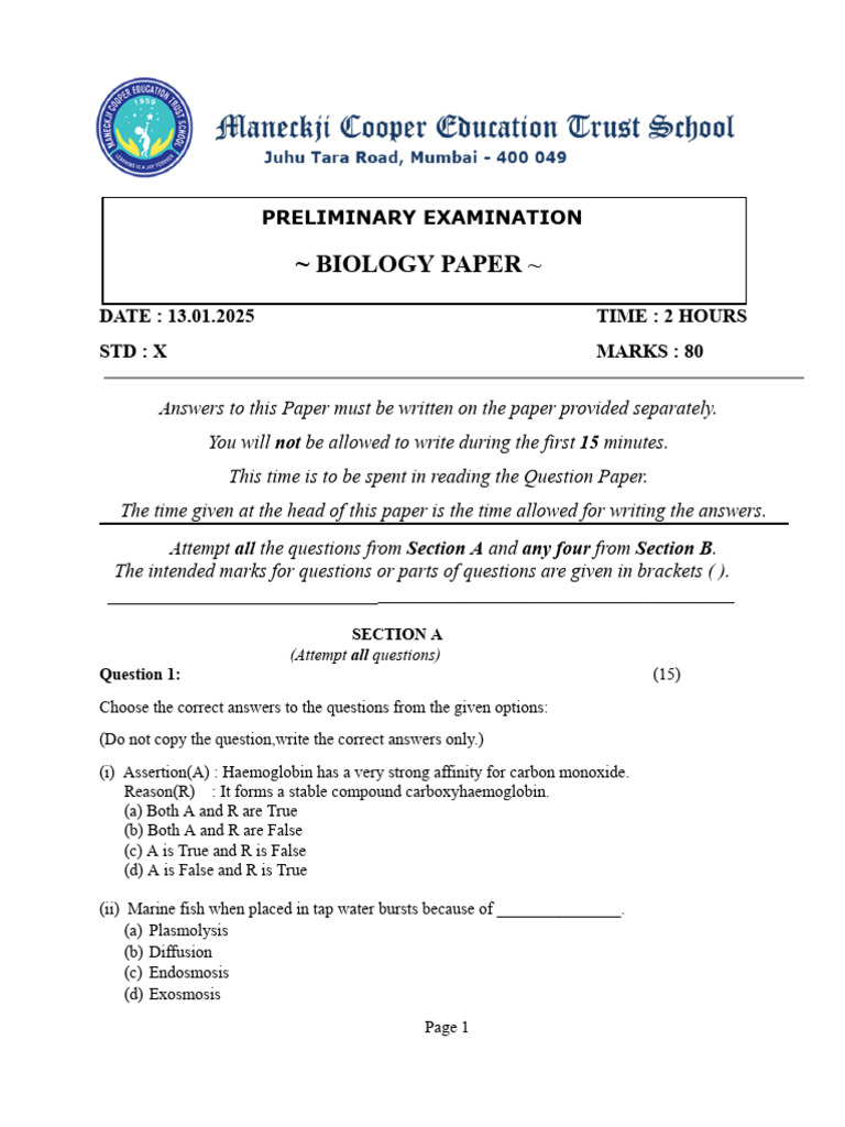 Biology Preliminary Exam Paper | PDF