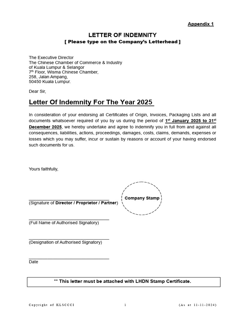 KLSCCCI CO Yearly Documents 2025 | PDF | Signature | Indemnity